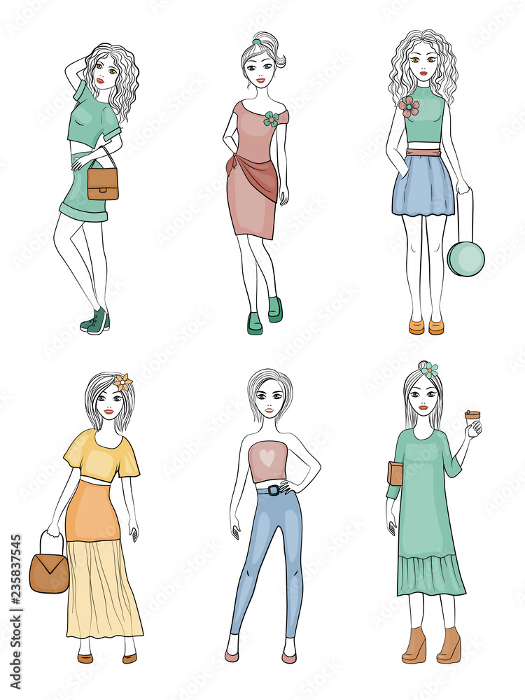 Fashion girls characters. Cute female young vogue models woman posing ...