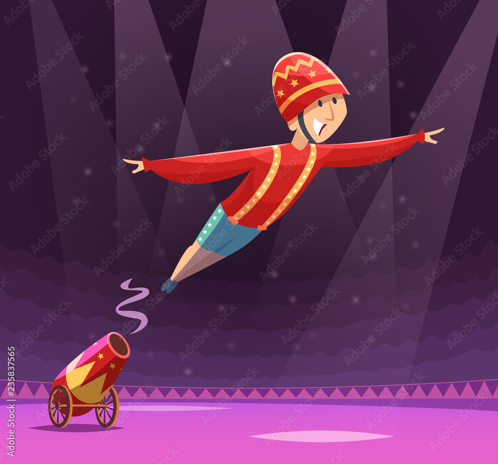 Circus cannon show. Shooting gun on cirque arena performer clowns on ...