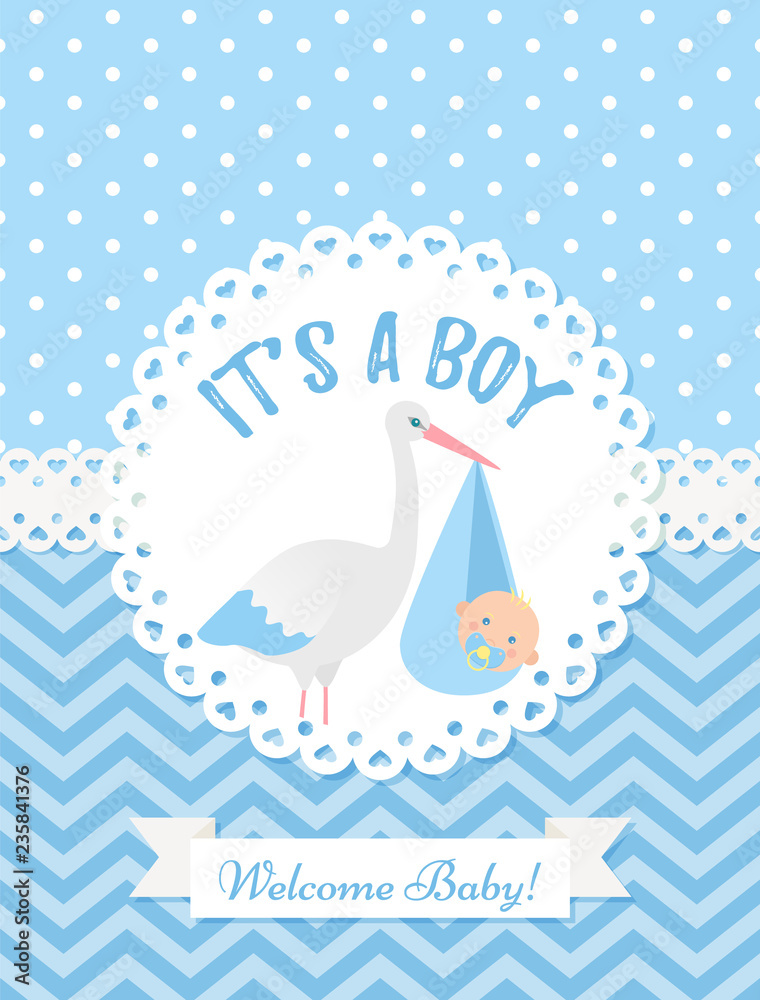 Baby Shower boy card. Vector Baby boy design. Cute blue banner. Birth ...