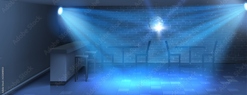 Vector realistic background with empty dance floor in nightclub. Modern ...