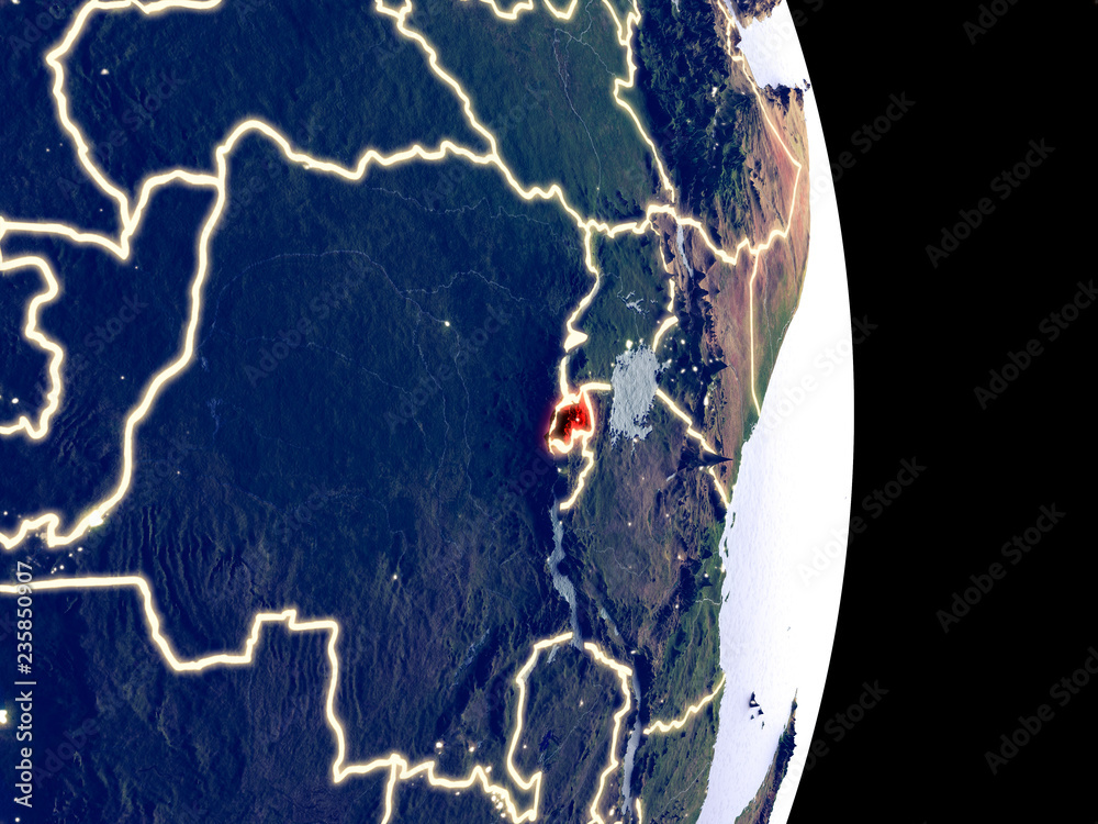 Satellite view of Rwanda at night with visible bright city lights ...