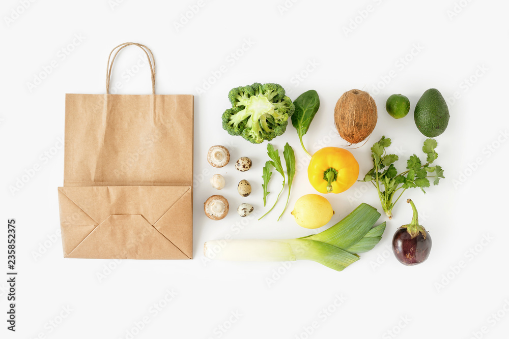 Full paper bag healthy food white background Healthy eating background ...