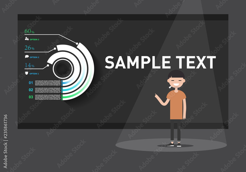 Young speaker presenting infographic on the stage. Presentation ...