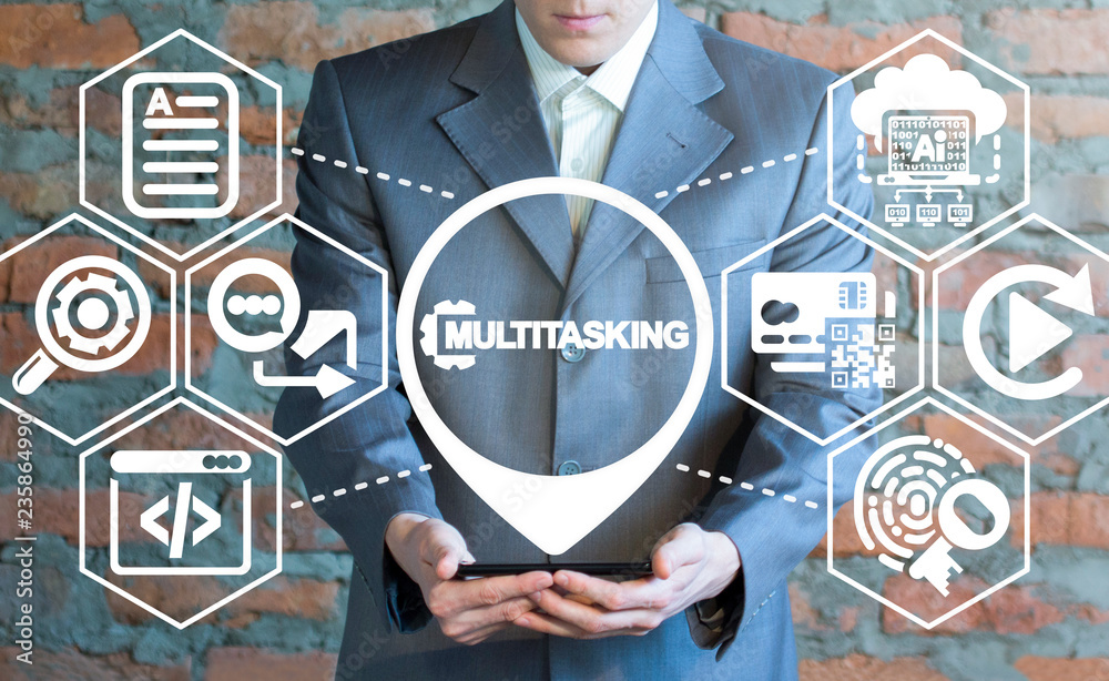 Multitasking mobile technology concept. Businessman offers a smartphone ...