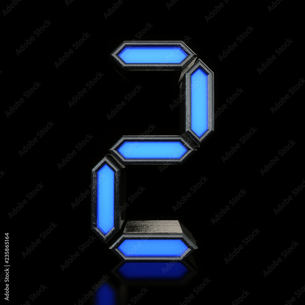 Number 2 Futuristic blue neon led digital font. 3D Rendering Stock ...
