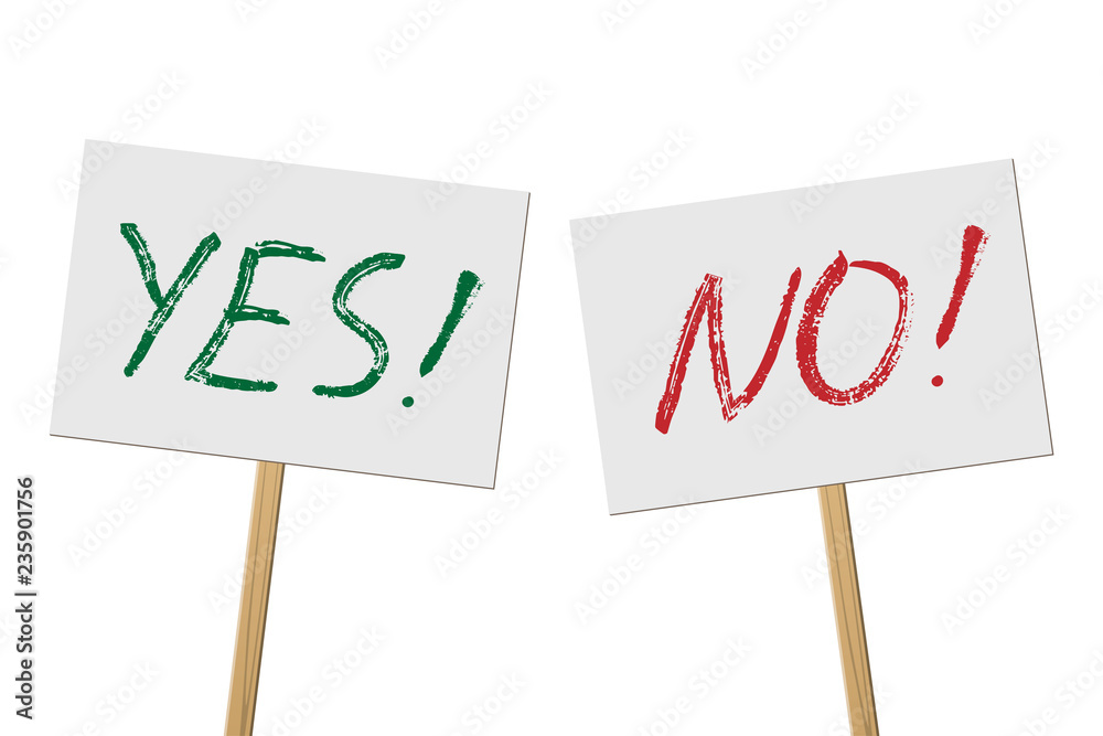 Yes and No signs banners on wood stick collection. Vector protest signs ...