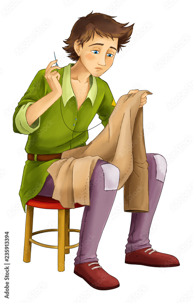 Cartoon boy - sitting and working sewing handsome manga boy ...