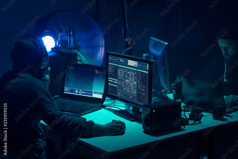 Hackers breaking server using multiple computers and infected virus ransomware. Cybercrime ...