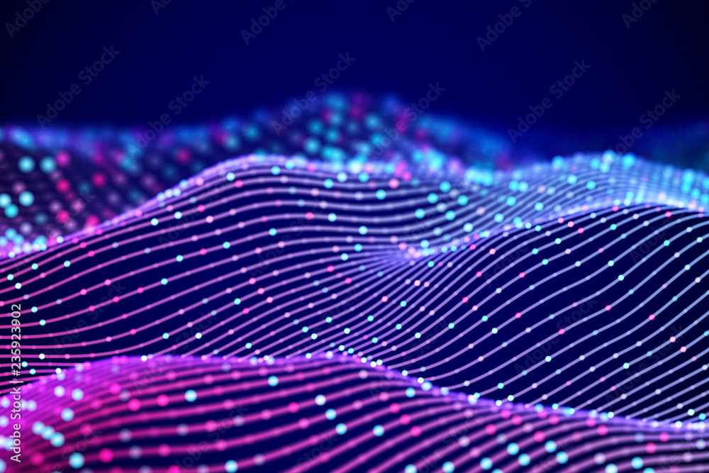 3D Sound waves with colored dots. Big data abstract visualization ...
