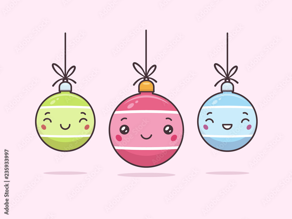 Cute kawaii Christmas baubles with faces vector cartoon illustration Stock Vector | Adobe Stock