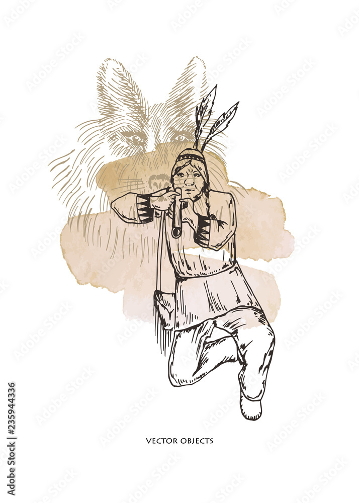 Vector illustration. Indian . Man on the hunt. Pen style drawing on ...