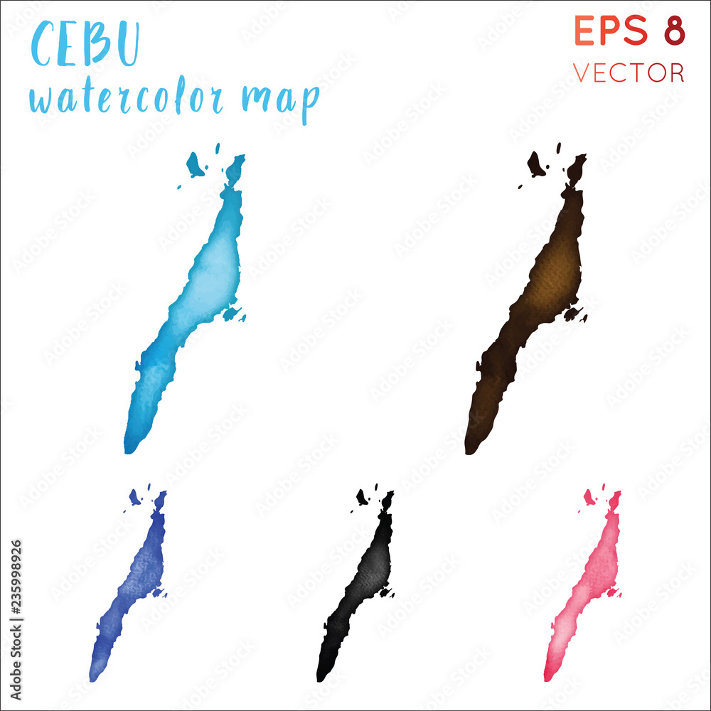 Cebu watercolor island map. Handpainted watercolor Cebu map set. Vector ...