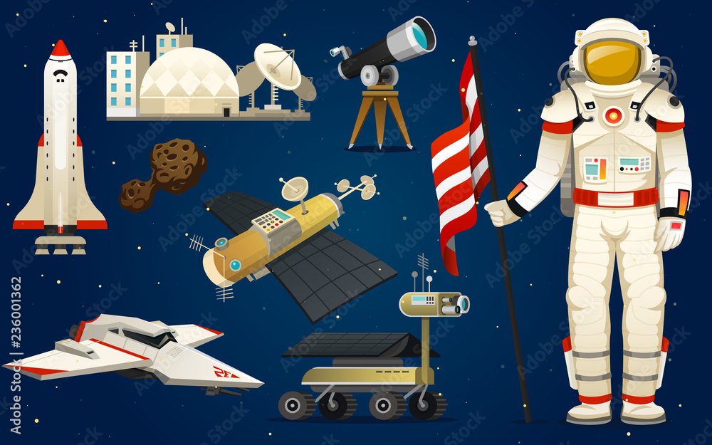 Astronaut in space. Spaceman explores the galaxy. Set of astronomical ...