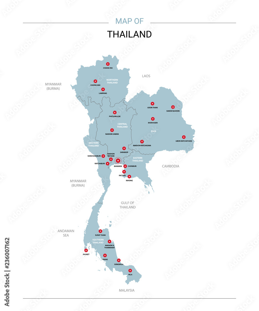 Thailand vector map. Editable template with regions, cities, red pins ...