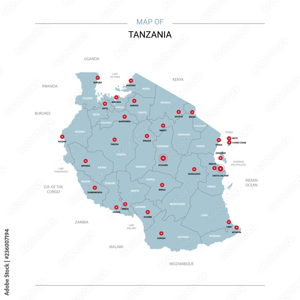 Tanzania vector map. Editable template with regions, cities, red pins ...