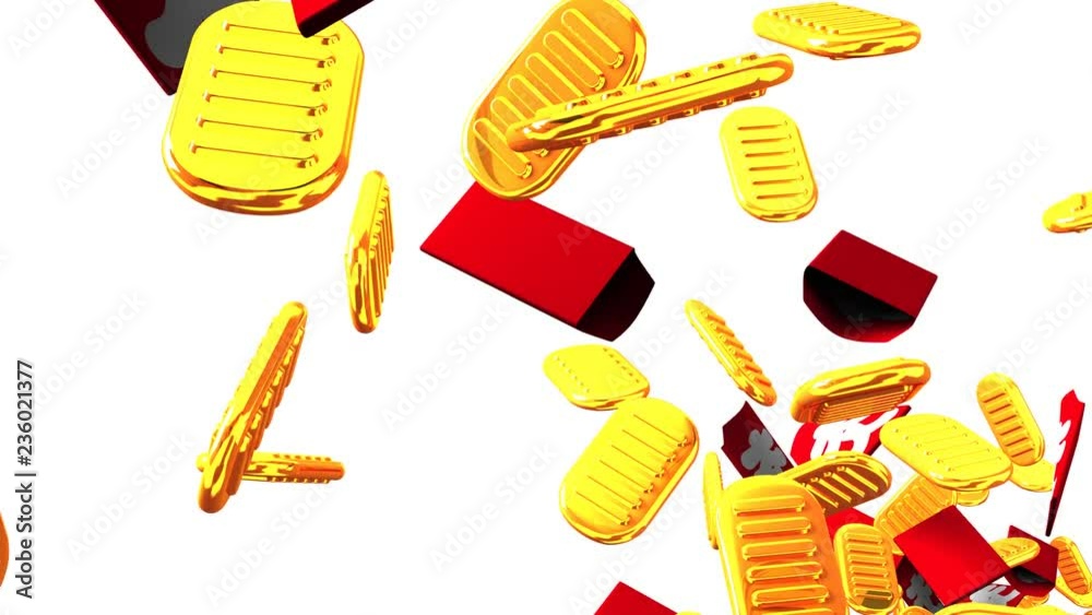 Oval gold coins and bags on white background.Loop able 3DCG render ...