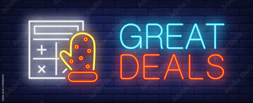 Great deals neon text with calculator and mitten. Christmas ...