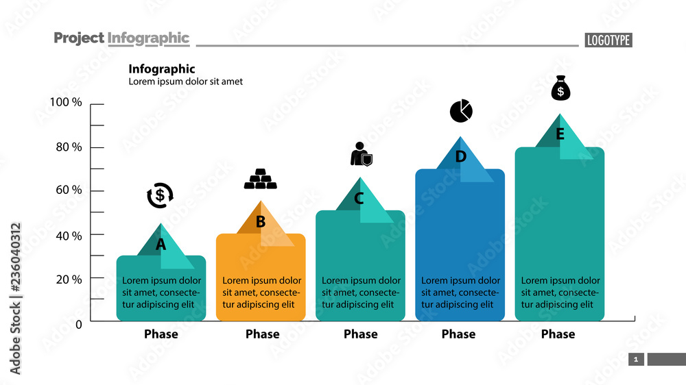 Five phase process chart template design. Element of chart, graph ...