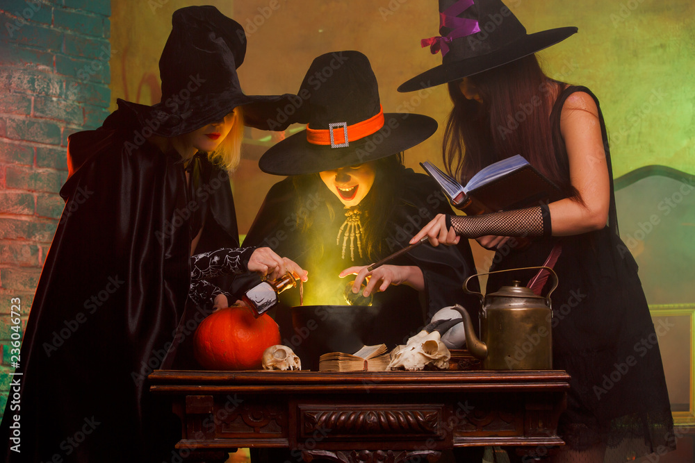 Picture of three witches boiling potions in cauldron Stock Photo ...