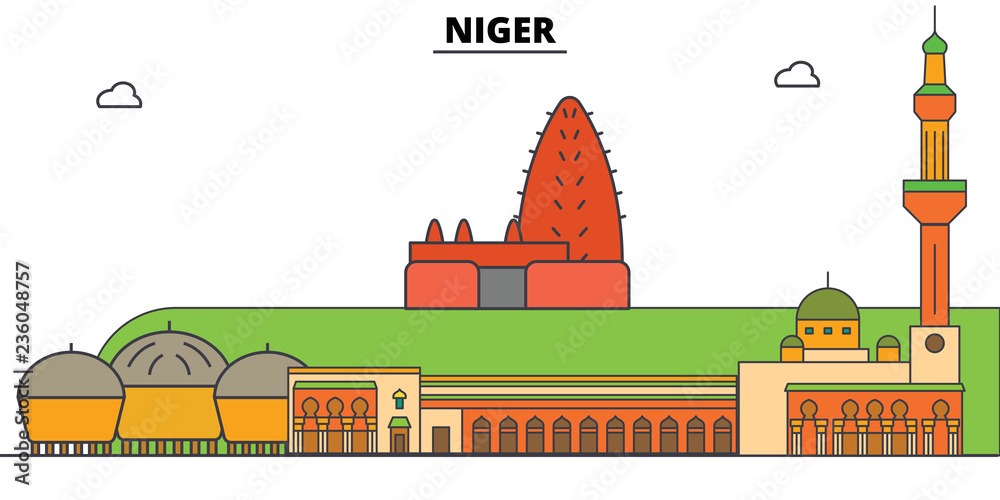 Niger line skyline vector illustration. Niger linear cityscape with famous landmarks, city ...
