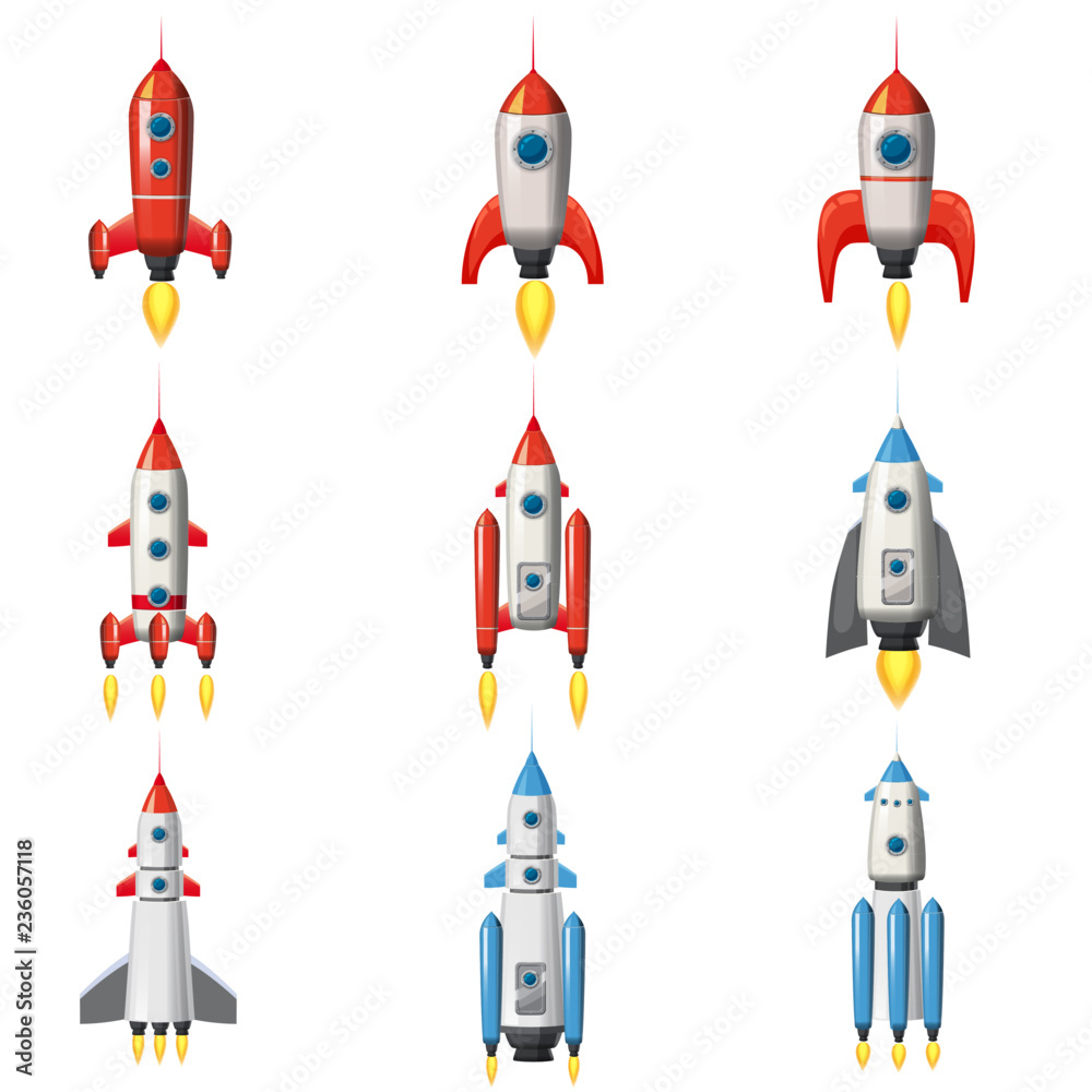 Set Rocket space ship, isolated vector illustration. Simple retro ...