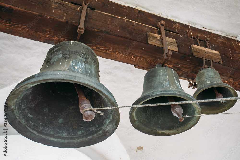 Bronze bells on tower in ancient Kremlin in Rostov the Great, Russia ...