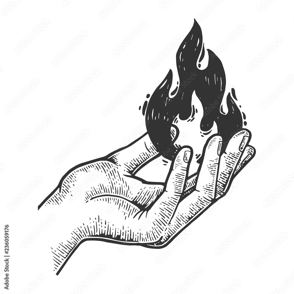 Fire in hand engraving vector illustration. Scratch board style ...