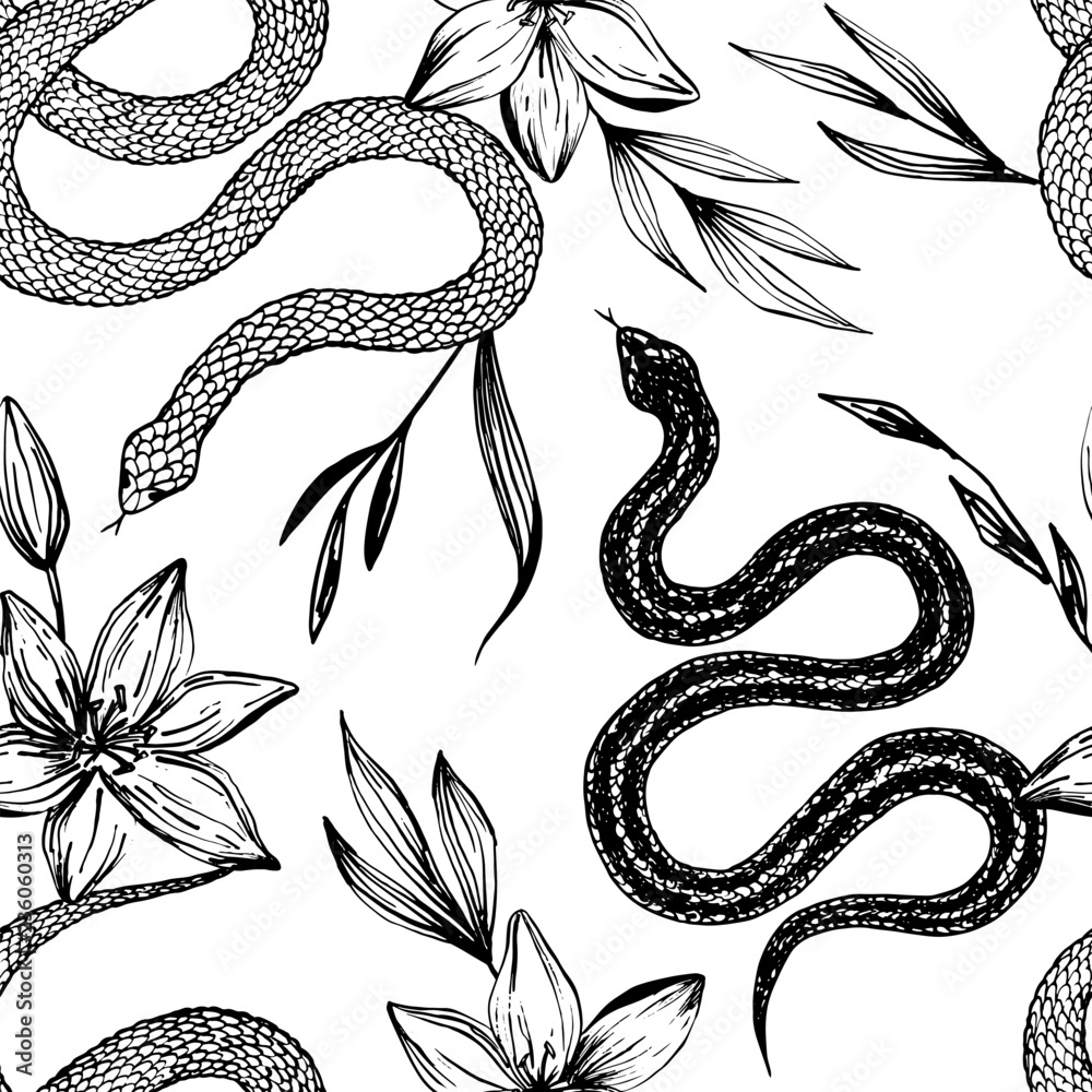 Seamless pattern. Hand drawn ink snake and lilies flowers, vector ...