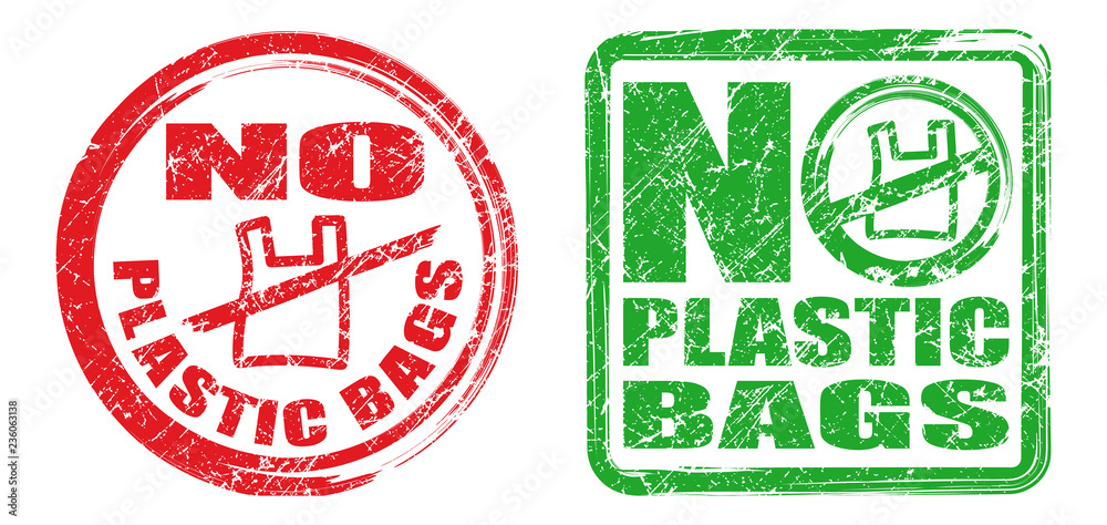 No plastic bags icons. In red & bright green colors. Grunge texture ...