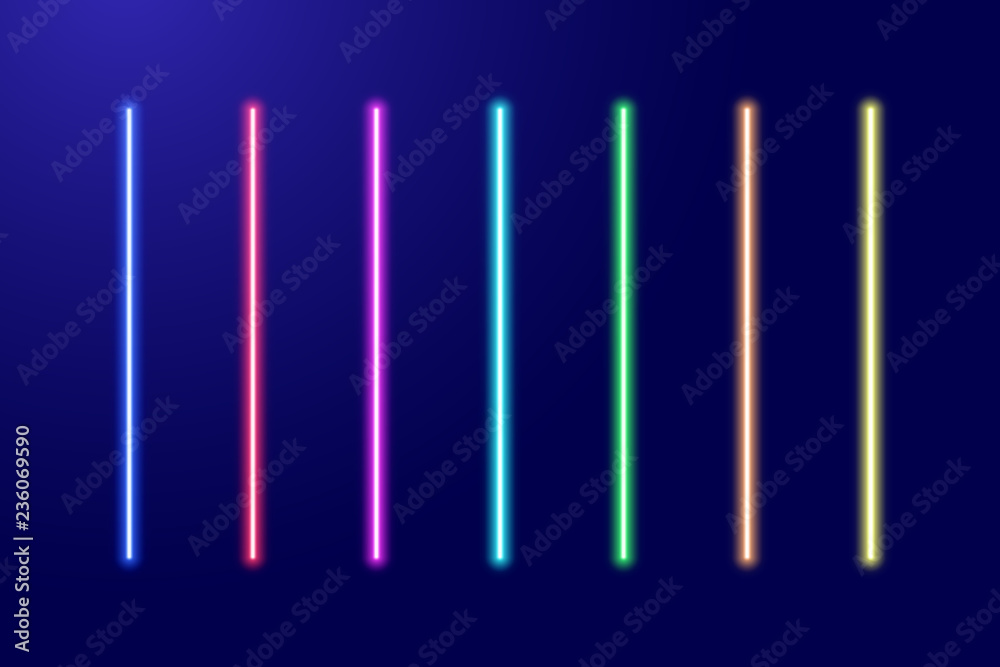 Neon luminescent glowing red, orange, yellow, green, blue, light-blue ...