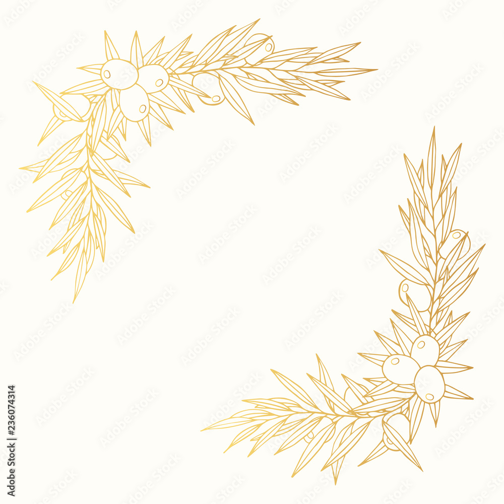 Hand drawn golden Greek olive branch corner. Oliva leave gold border ...