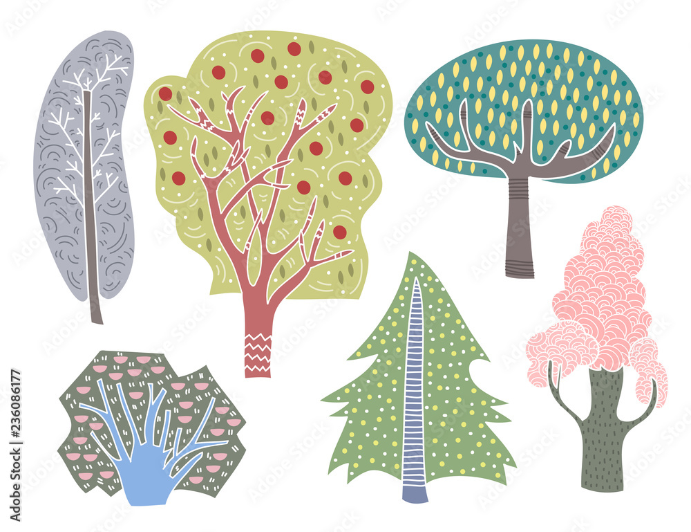 Hand drawn doodle trees. Graphic vector set. Every tree is isolated ...