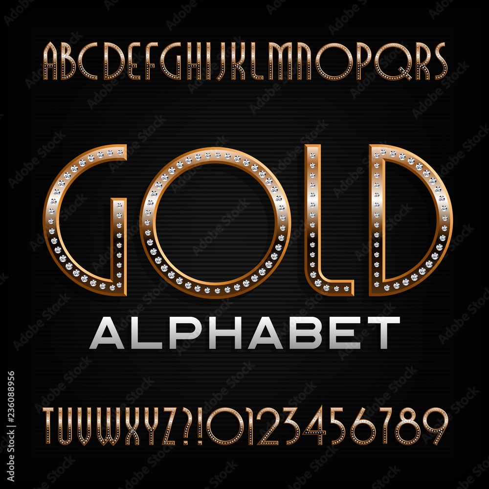 Ornate gold alphabet font. Art deco golden letters and numbers with ...