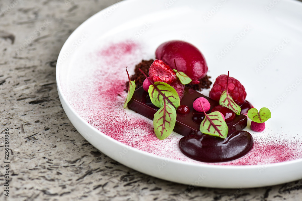 Fine dining dessert, Raspberry Parfait, ice cream, white chocolate ...