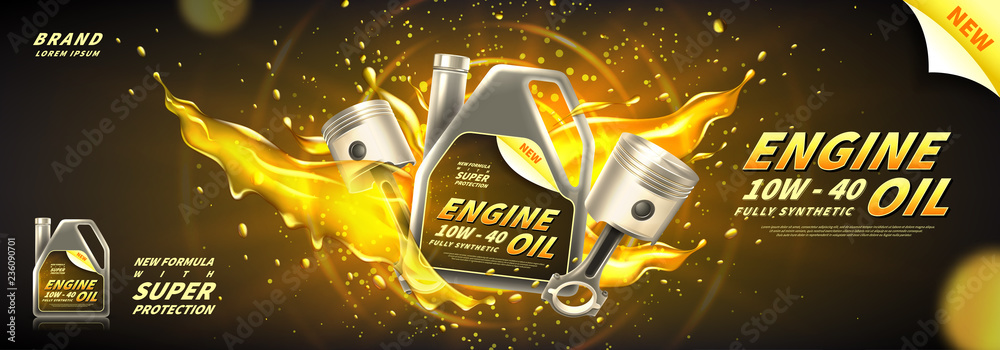 Engine oil advertisement banner. Vector illustration with realistic ...