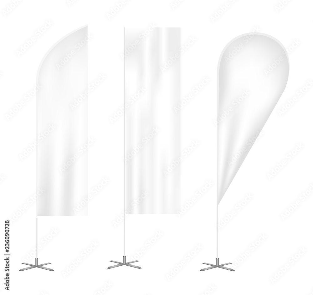 Vector set of outdoor vertical feather advertising promo flags. Waving ...