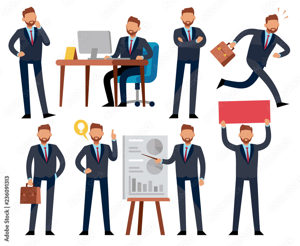 Cartoon businessman. Business professional man in different office work ...