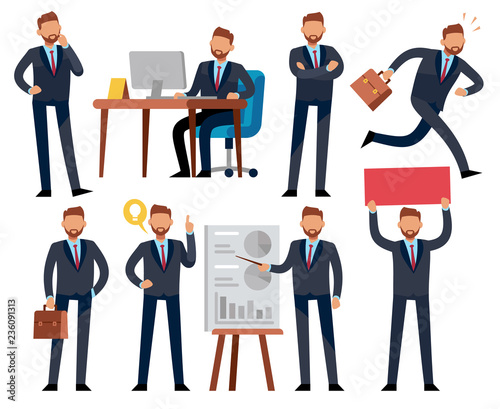 Cartoon businessman. Business professional man in different office work ...