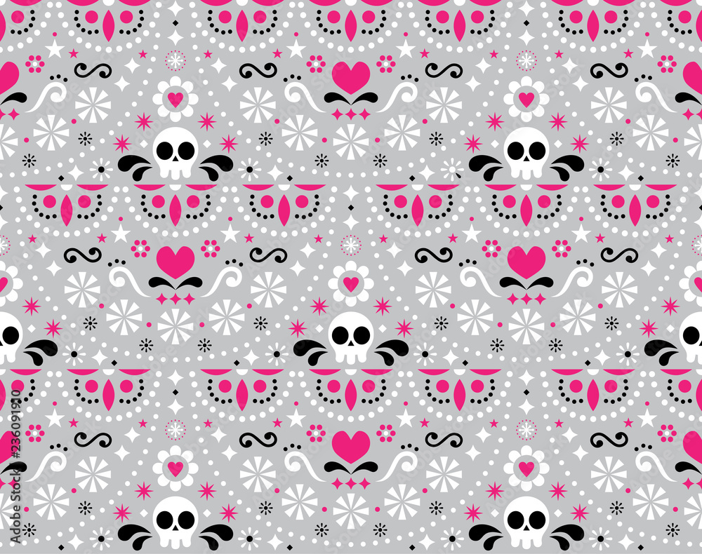 Mexican folk art vector seamless pattern with skulls, flowers and ...