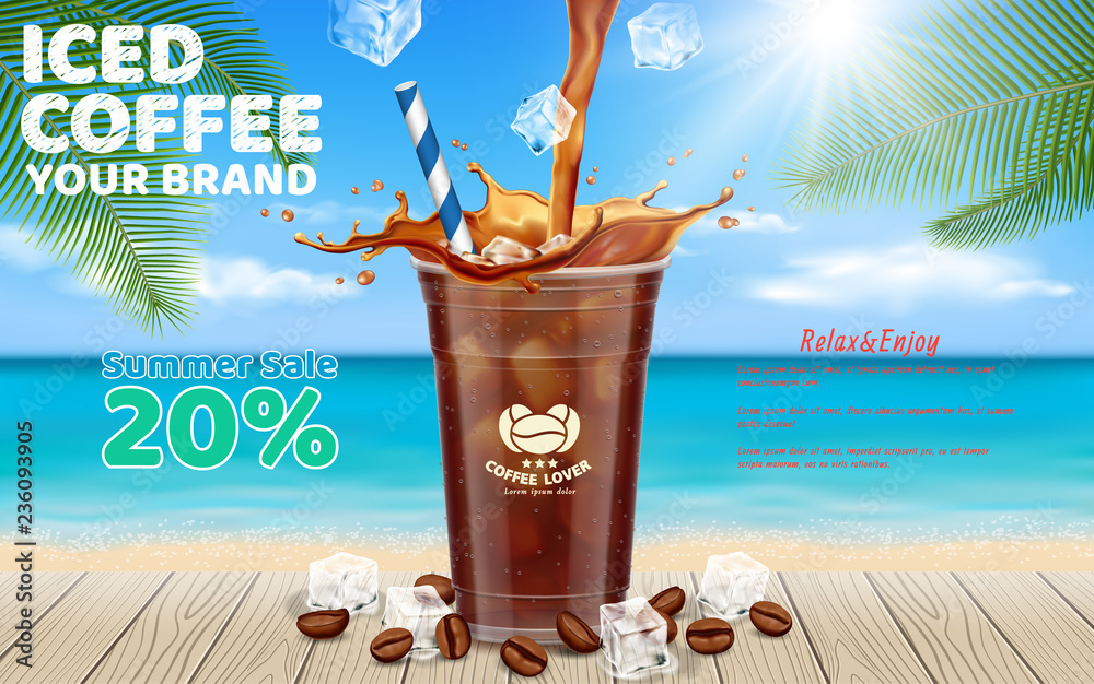 Iced coffee pouring into takeaway cup placed on wooden table with ice ...