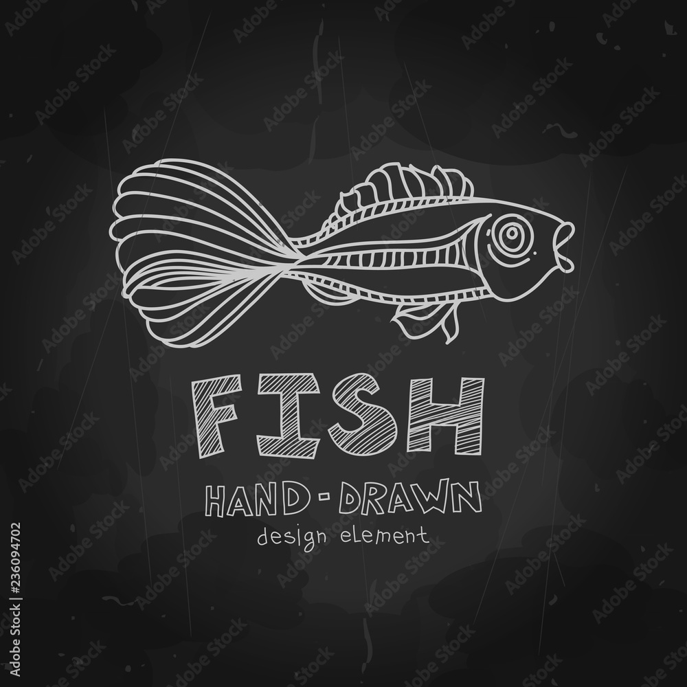 Vintage Fishing Label and Stamp. Fish with beautiful tail. Hand drawn ...