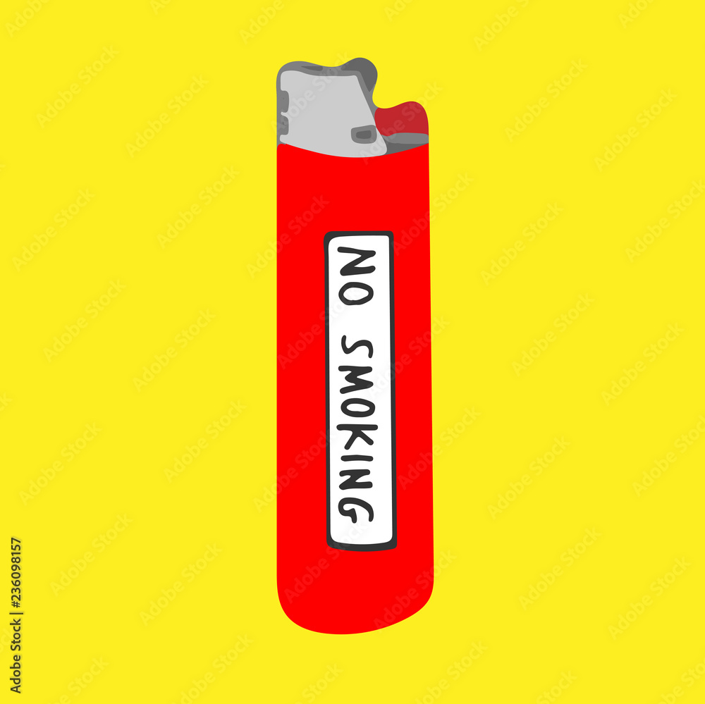 Hand illustration of a lighter with no smoking sign on yellow ...