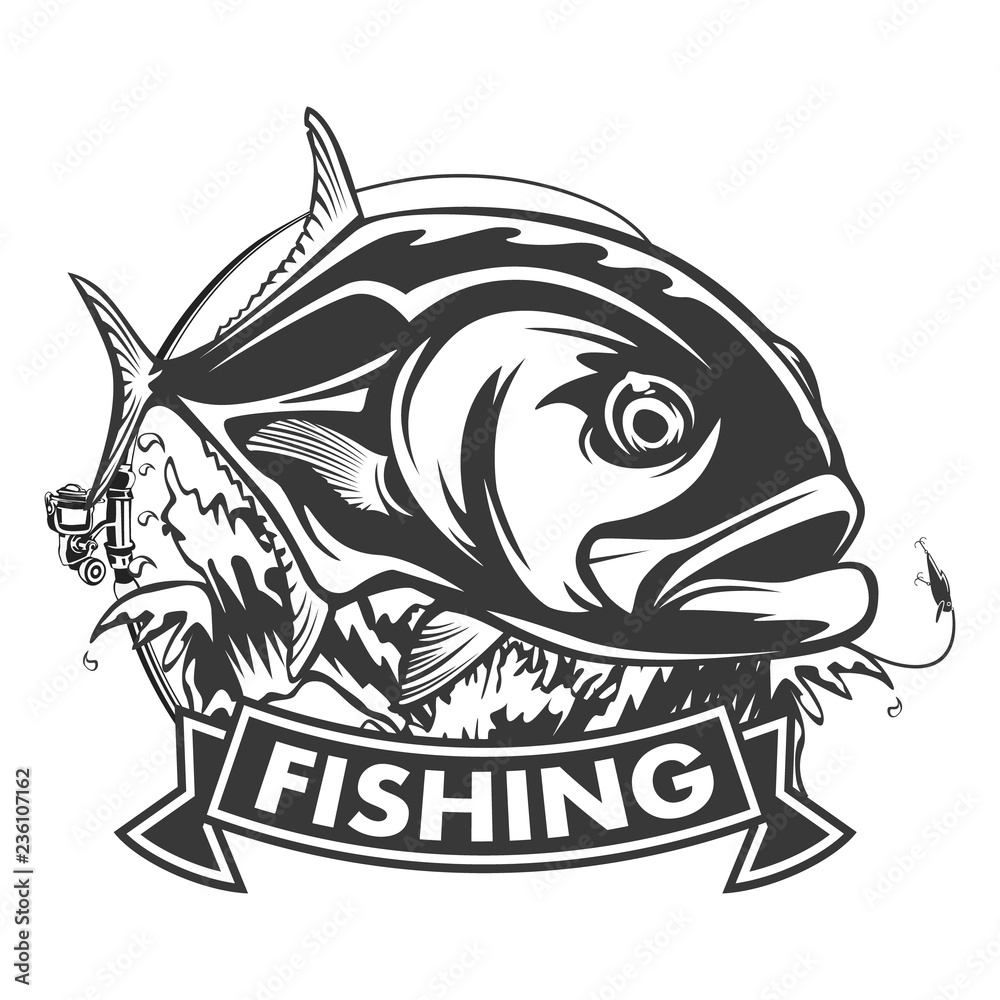 Fishing emblem of permit isolated on white. Bone fish logo in blue ...