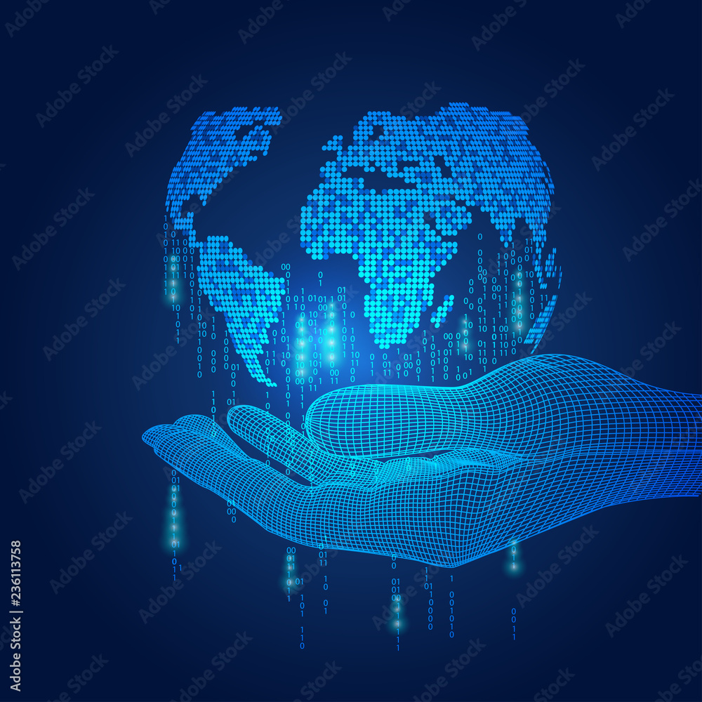 digital modern globe, wireframe hand holding digital global; concept of ...