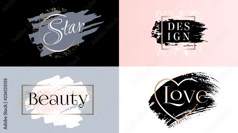 Beauty fashion frames icons logo set. Cosmetics golden paint, ink ...