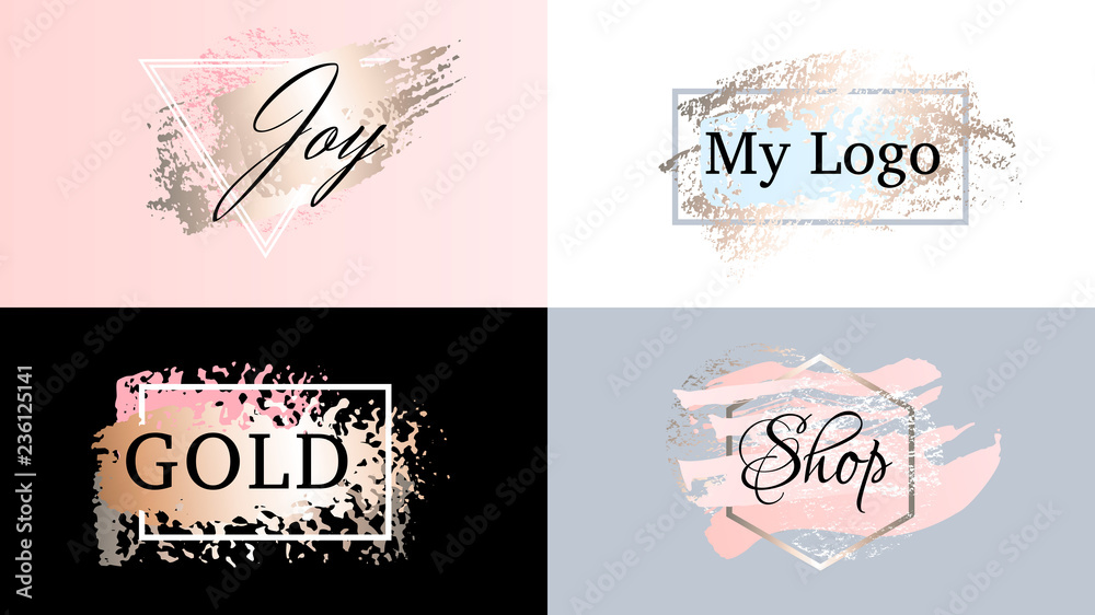 Beauty fashion frames icons logo set. Cosmetics golden paint, ink ...
