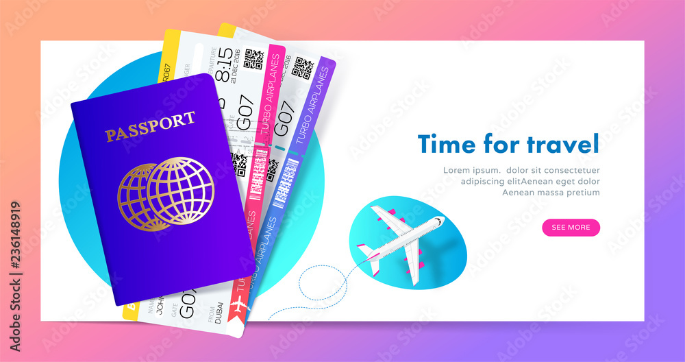 Travel banner design with passport with tickets in modern gradient ...