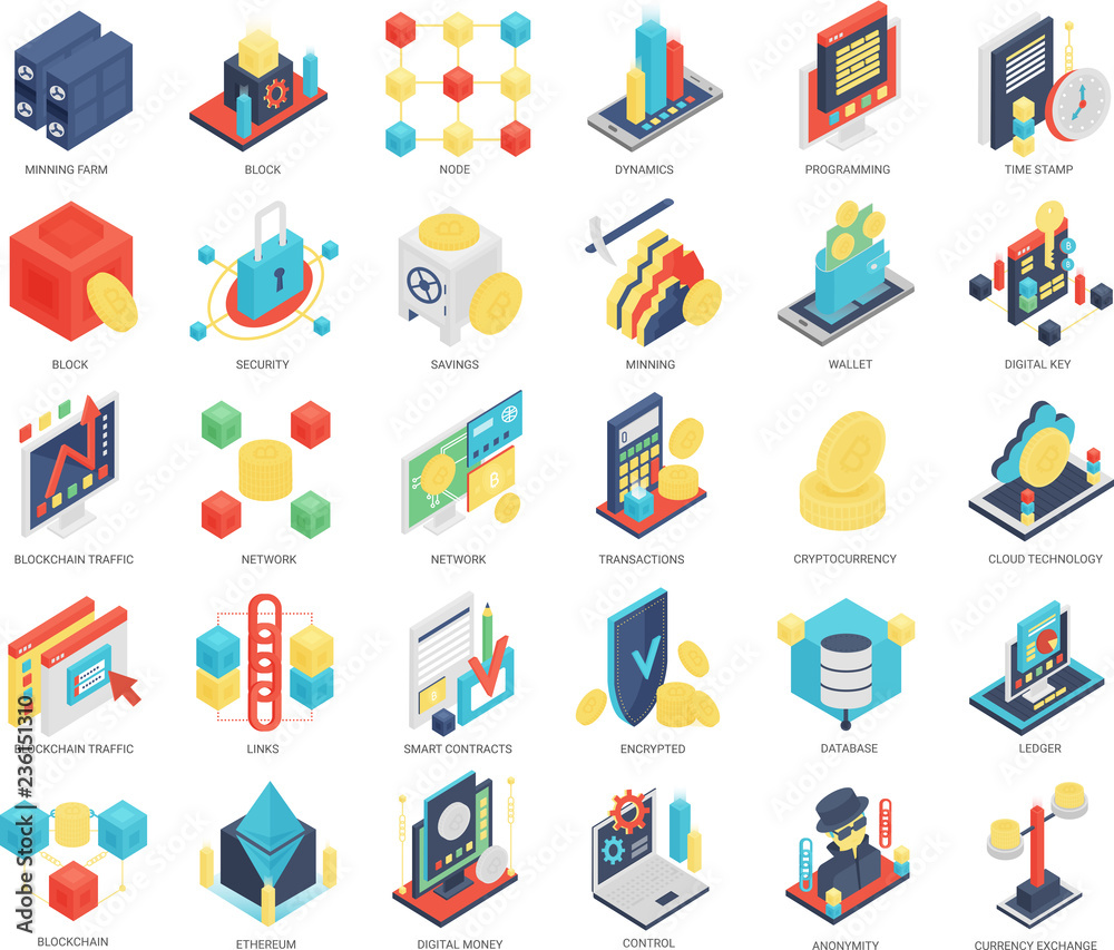 Isometric icons of blockchain and security, cryptocurrency mining ...
