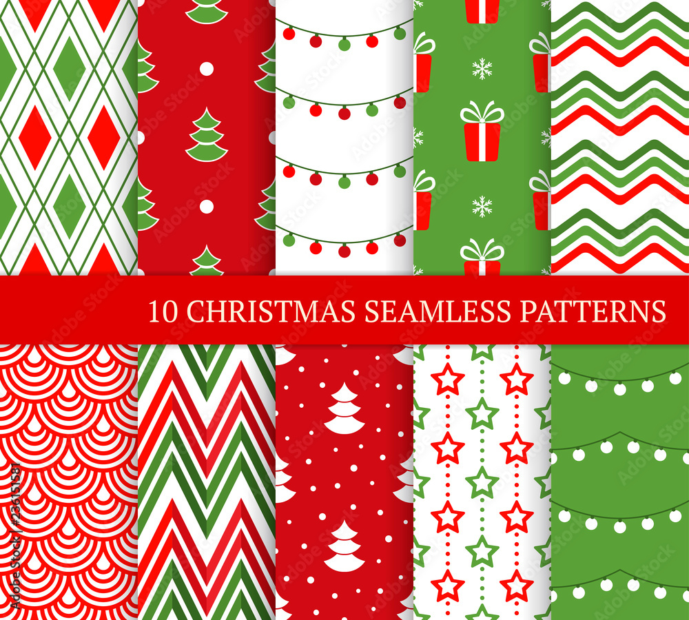 Ten Christmas different seamless patterns. Xmas endless texture for ...