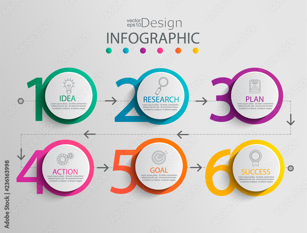 Paper infographic template with 6 circle options for presentation and ...